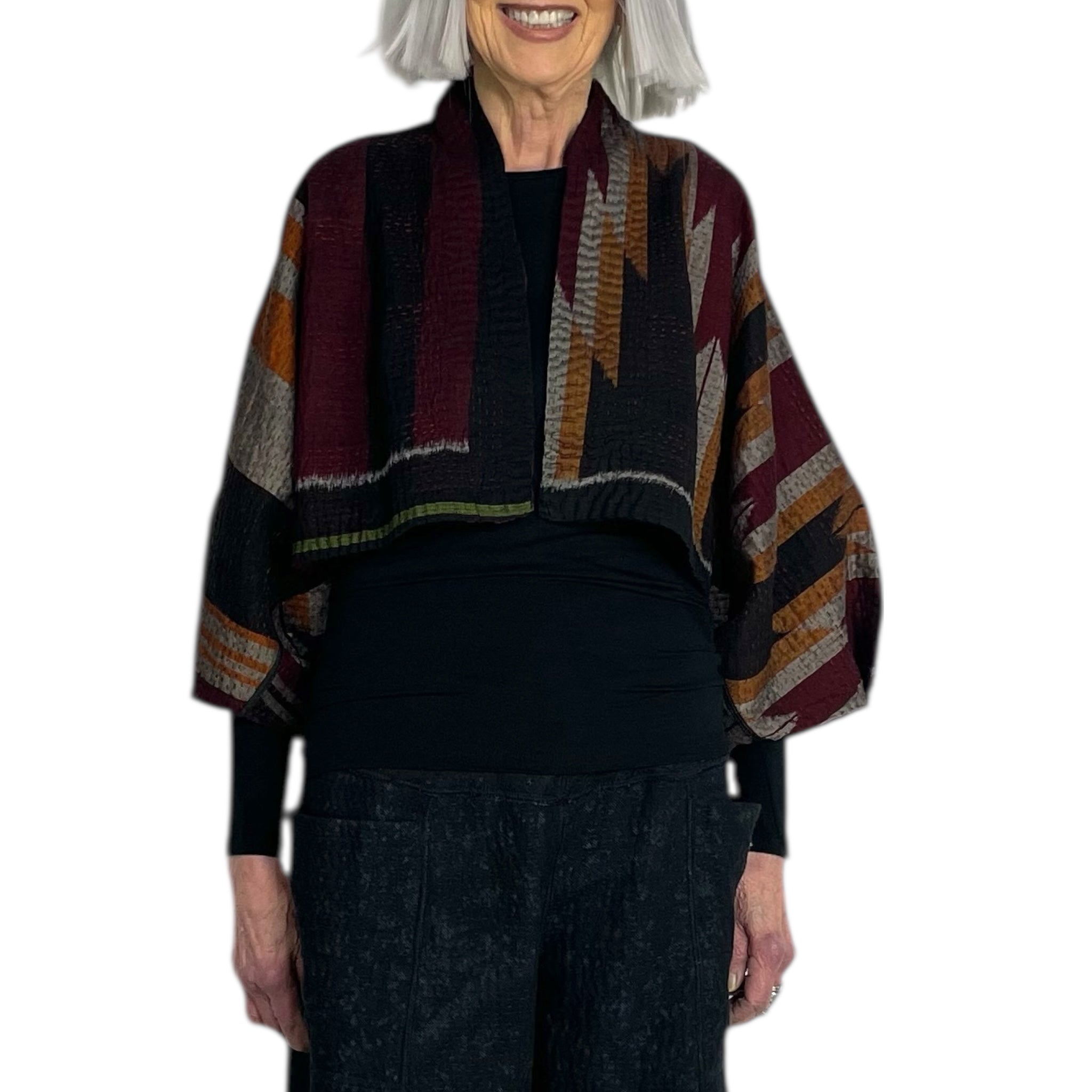 HANDLOOM IKAT W/OMBRE PUFF SLEEVE SHRUG – MIO